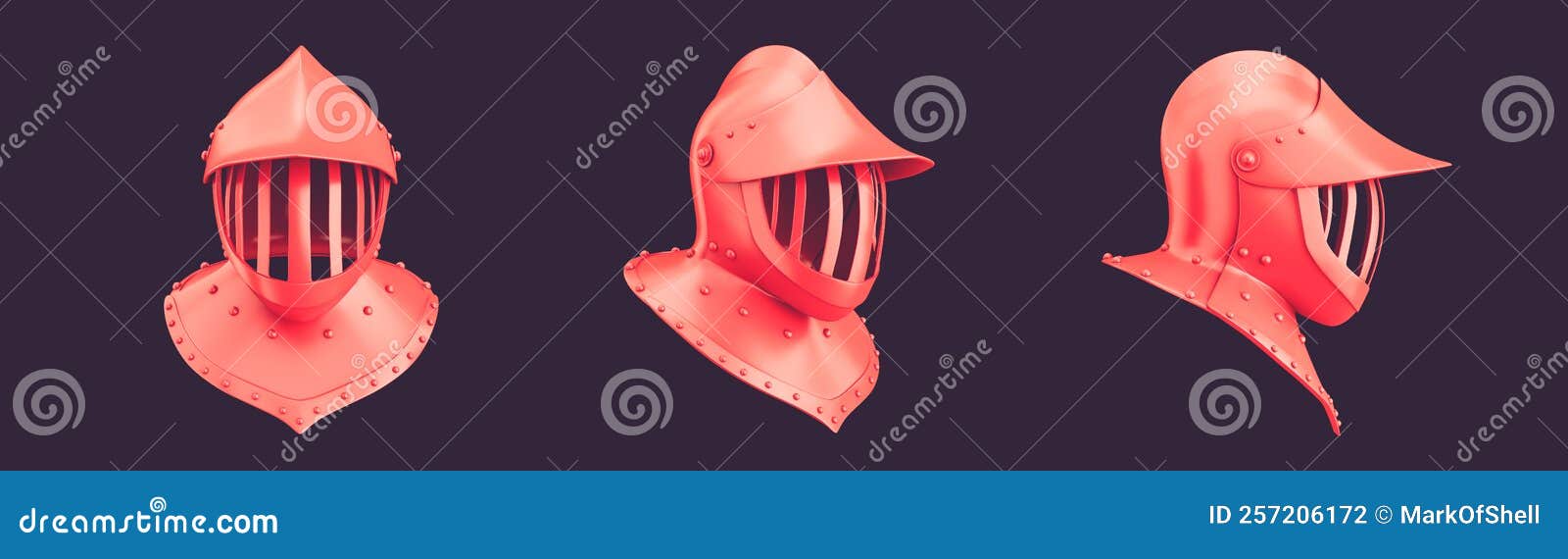Three Warrior Helmets from 3 View Angles, Monochrome Single Color Red ...