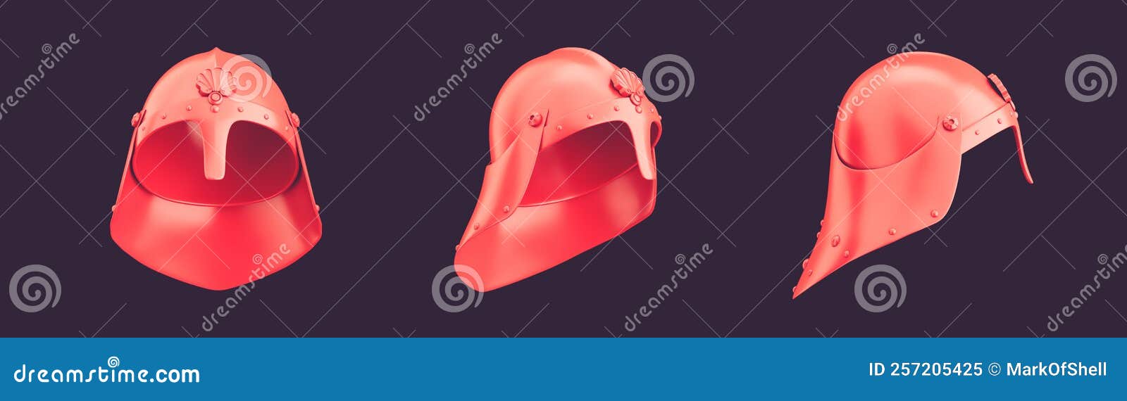 Three Warrior Helmets from 3 View Angles, Monochrome Single Color Red ...