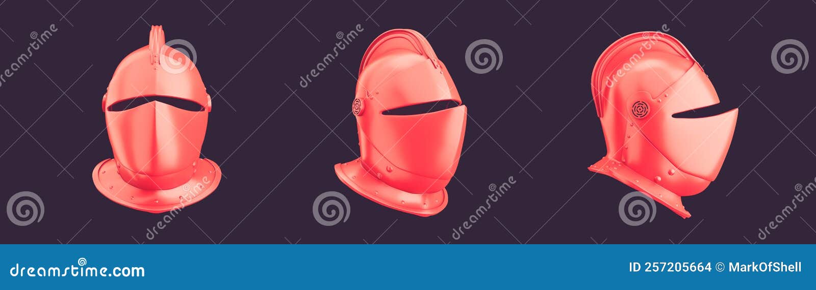 Three Warrior Helmets from 3 View Angles, Monochrome Single Color Red ...