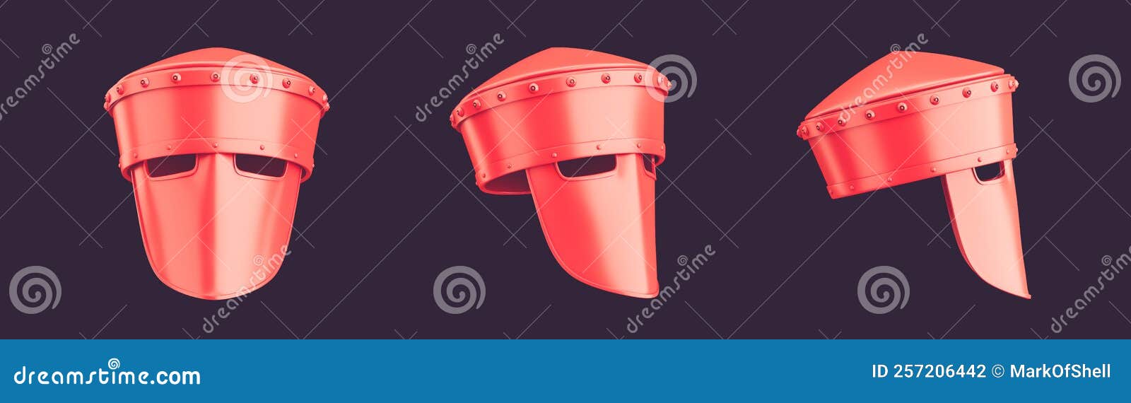 Three Warrior Helmets from 3 View Angles, Monochrome Single Color Red ...