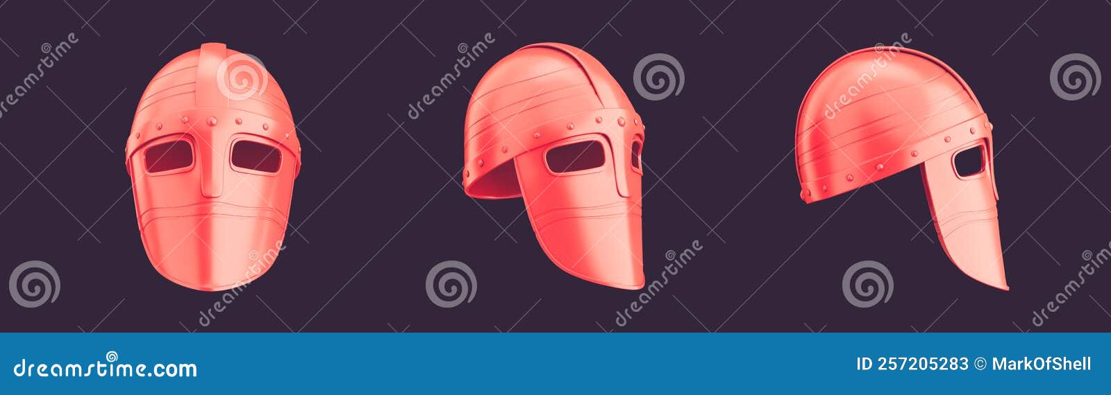 Three Warrior Helmets from 3 View Angles, Monochrome Single Color Red ...