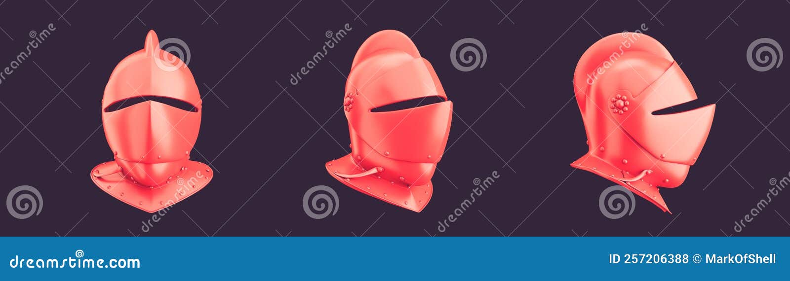 Three Warrior Helmets from 3 View Angles, Monochrome Single Color Red ...
