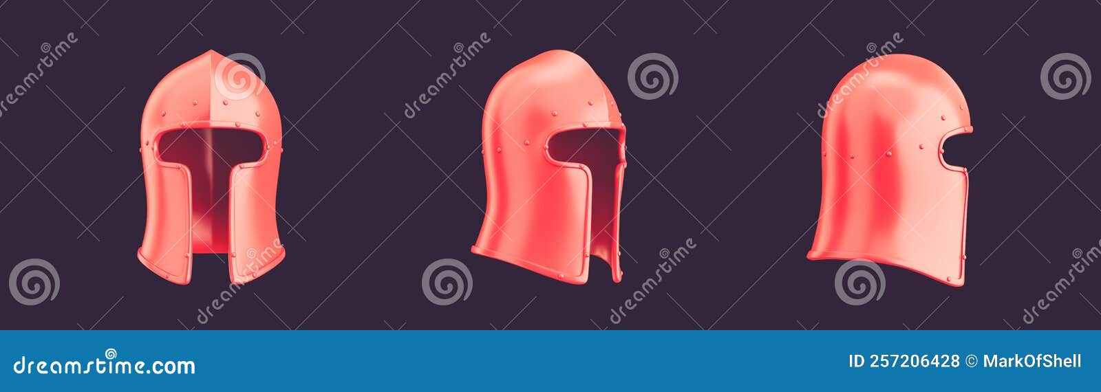 Three Warrior Helmets from 3 View Angles, Monochrome Single Color Red ...