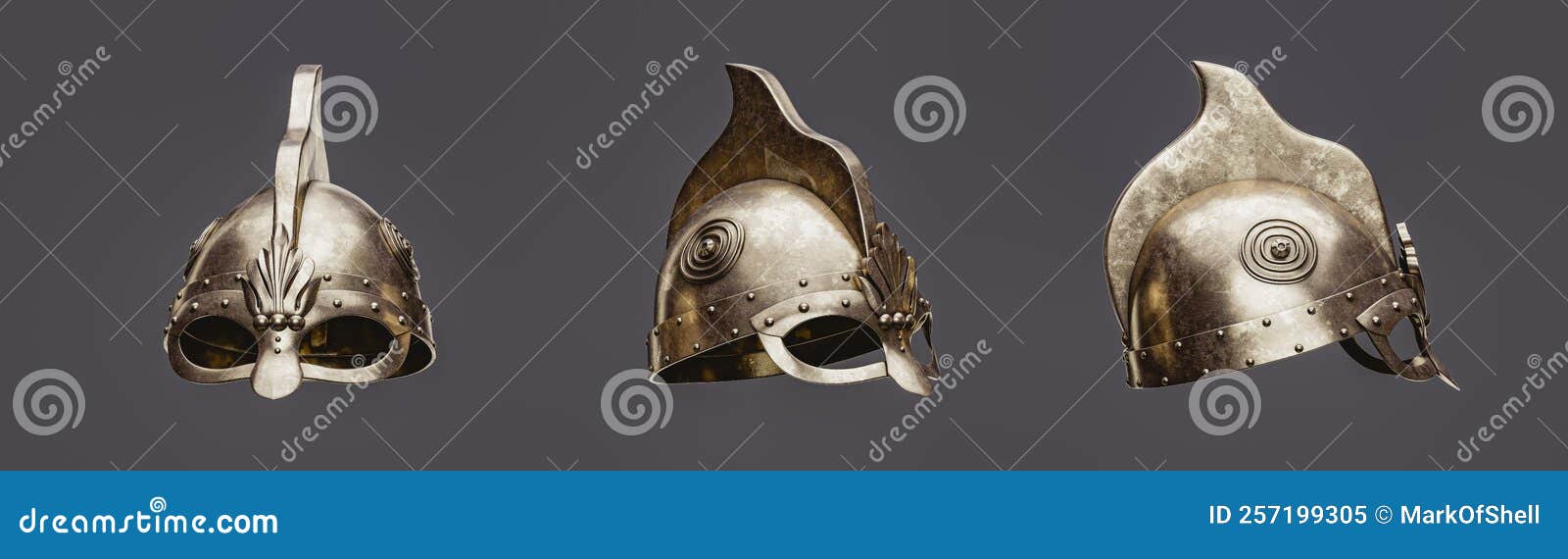 Three Warrior Helmets from 3 View Angles, Old Brass Metal Helm, 3d ...