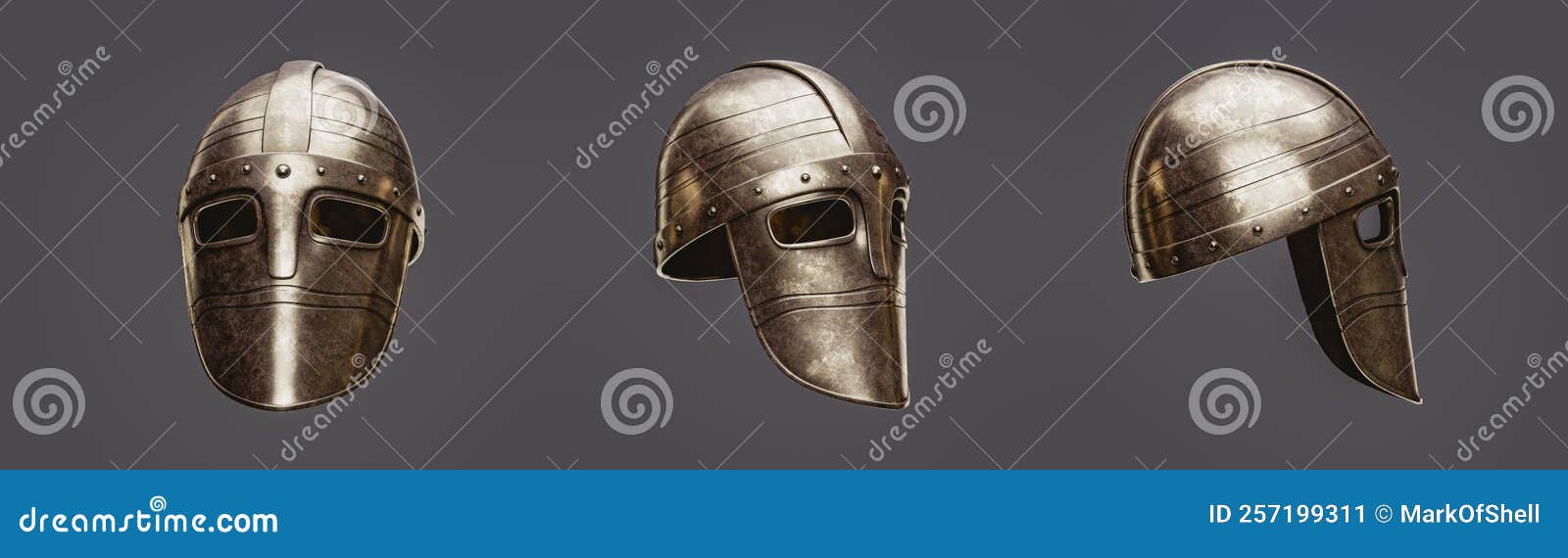 Three Warrior Helmets from 3 View Angles, Old Brass Metal Helm, 3d ...