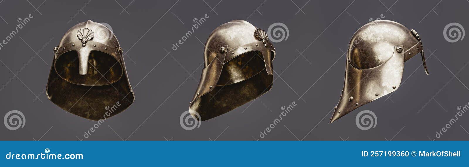 Three Warrior Helmets from 3 View Angles, Old Brass Metal Helm, 3d ...