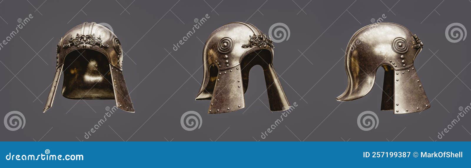 Three Warrior Helmets from 3 View Angles, Old Brass Metal Helm, 3d ...