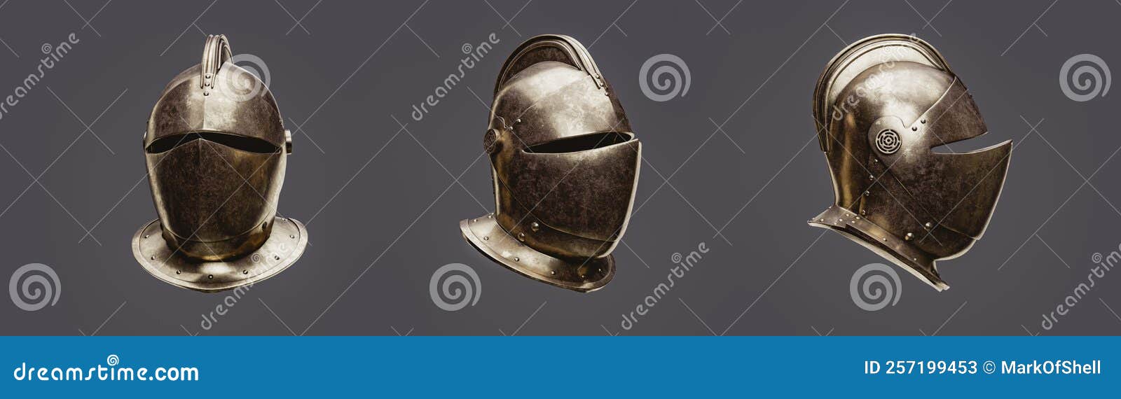 Three Warrior Helmets from 3 View Angles, Old Brass Metal Helm, 3d ...