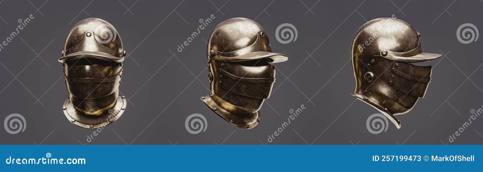 Three Warrior Helmets from 3 View Angles, Old Brass Metal Helm, 3d ...