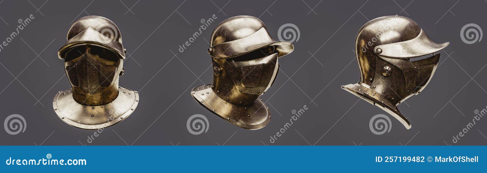 Three Warrior Helmets from 3 View Angles, Old Brass Metal Helm, 3d ...
