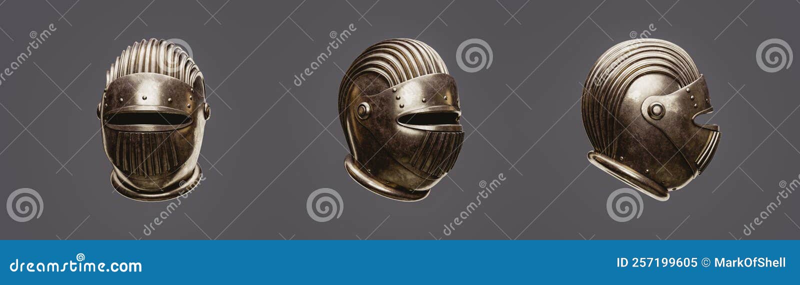 Three Warrior Helmets from 3 View Angles, Old Brass Metal Helm, 3d ...