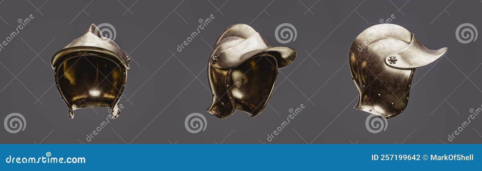 Three Warrior Helmets from 3 View Angles, Old Brass Metal Helm, 3d ...