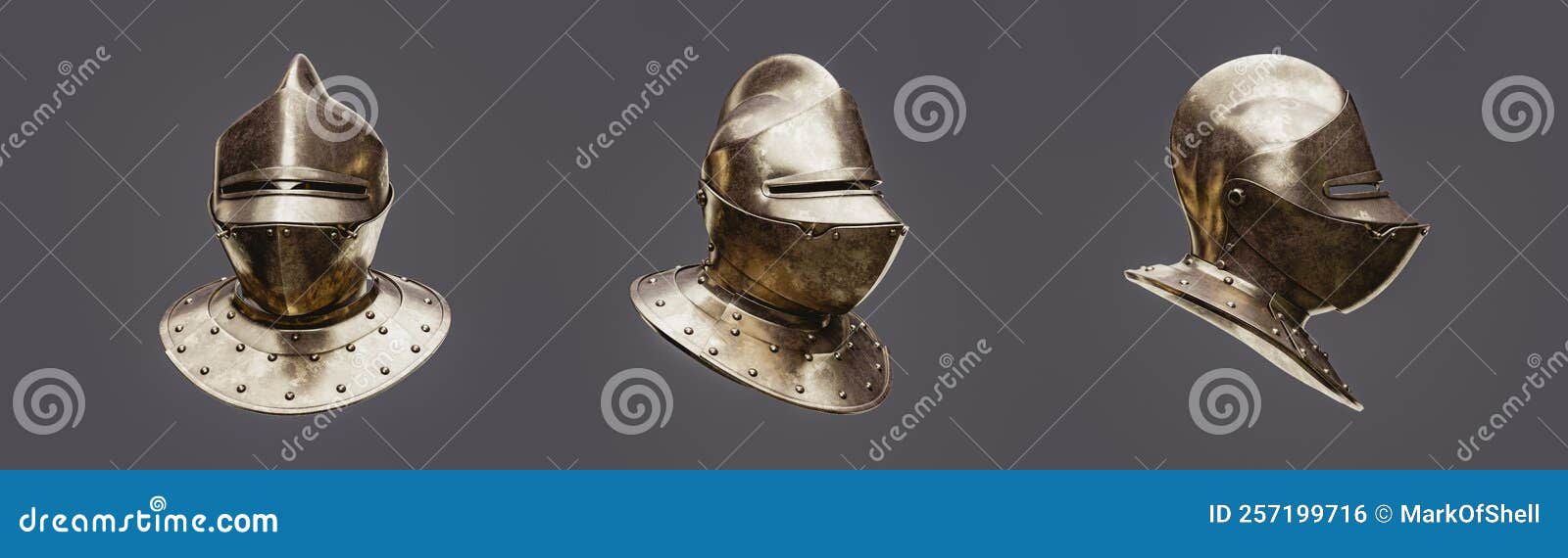 Three Warrior Helmets from 3 View Angles, Old Brass Metal Helm, 3d ...