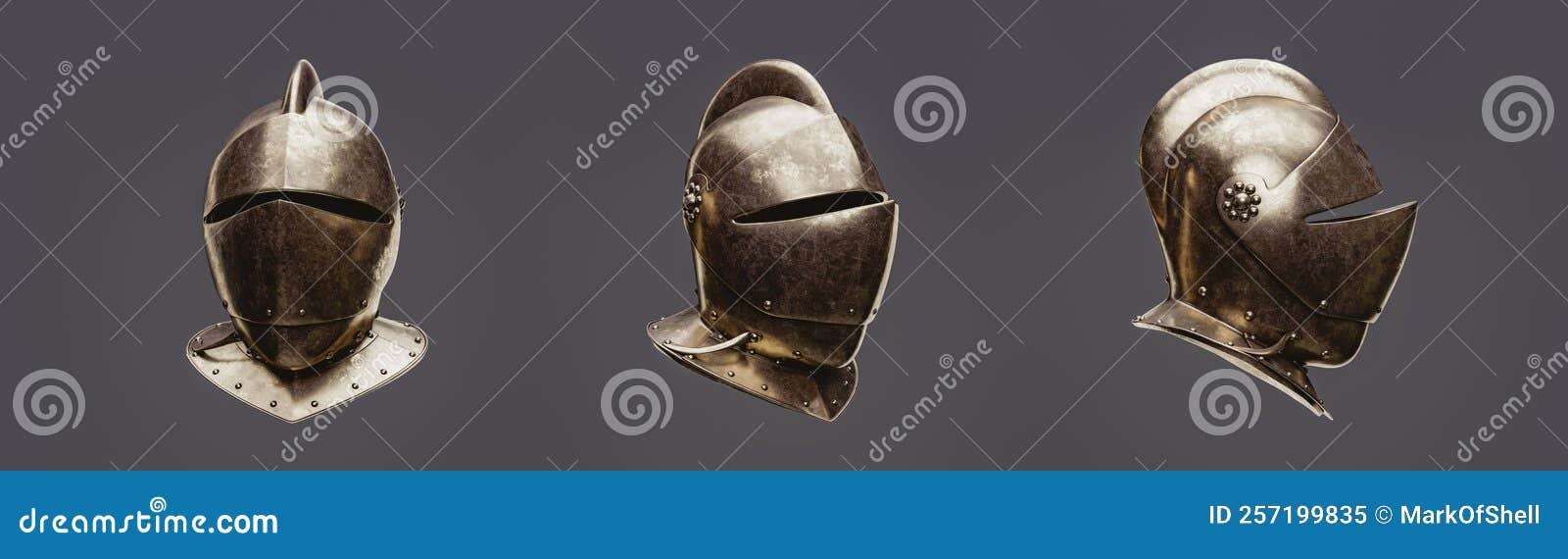 Three Warrior Helmets from 3 View Angles, Old Brass Metal Helm, 3d ...