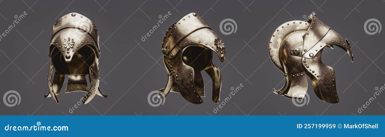 Three Warrior Helmets from 3 View Angles, Old Brass Metal Helm, 3d ...