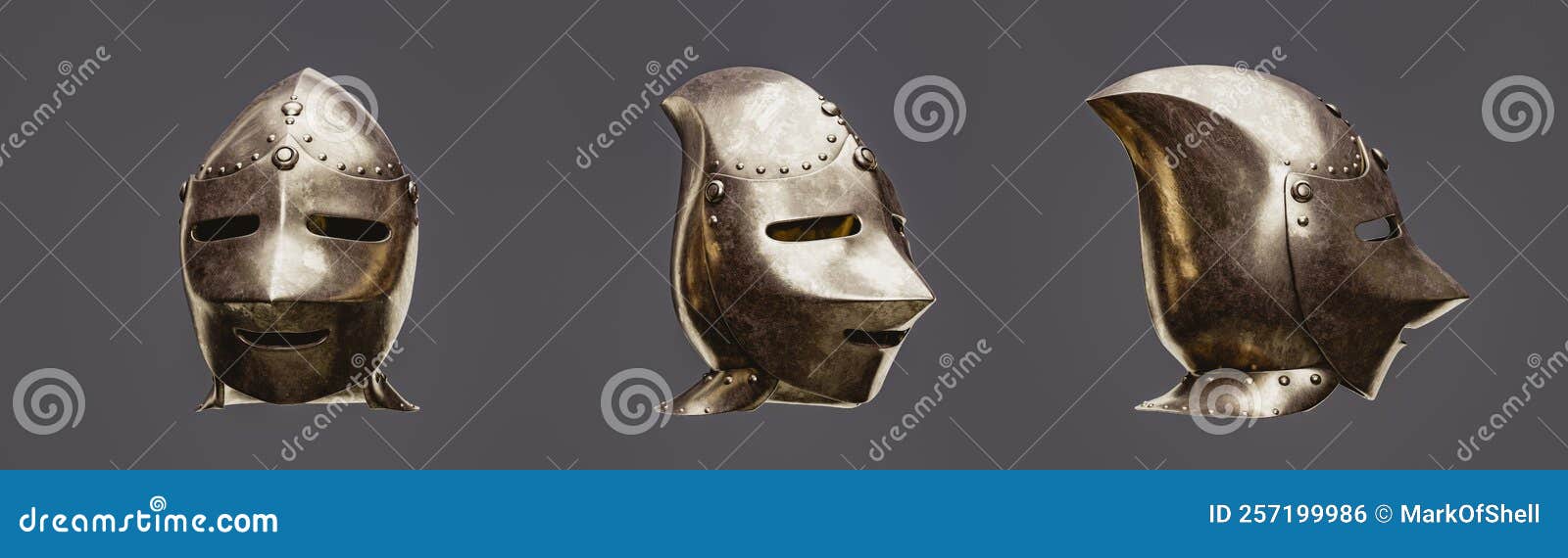 Three Warrior Helmets from 3 View Angles, Old Brass Metal Helm, 3d ...