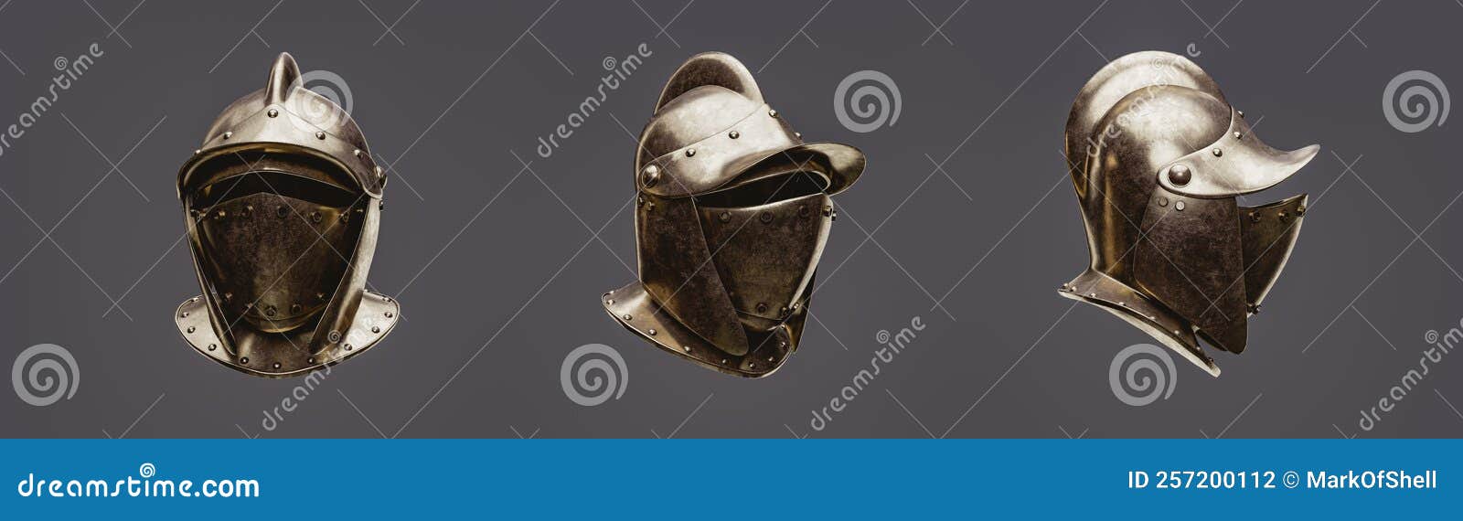 Three Warrior Helmets from 3 View Angles, Old Brass Metal Helm, 3d ...