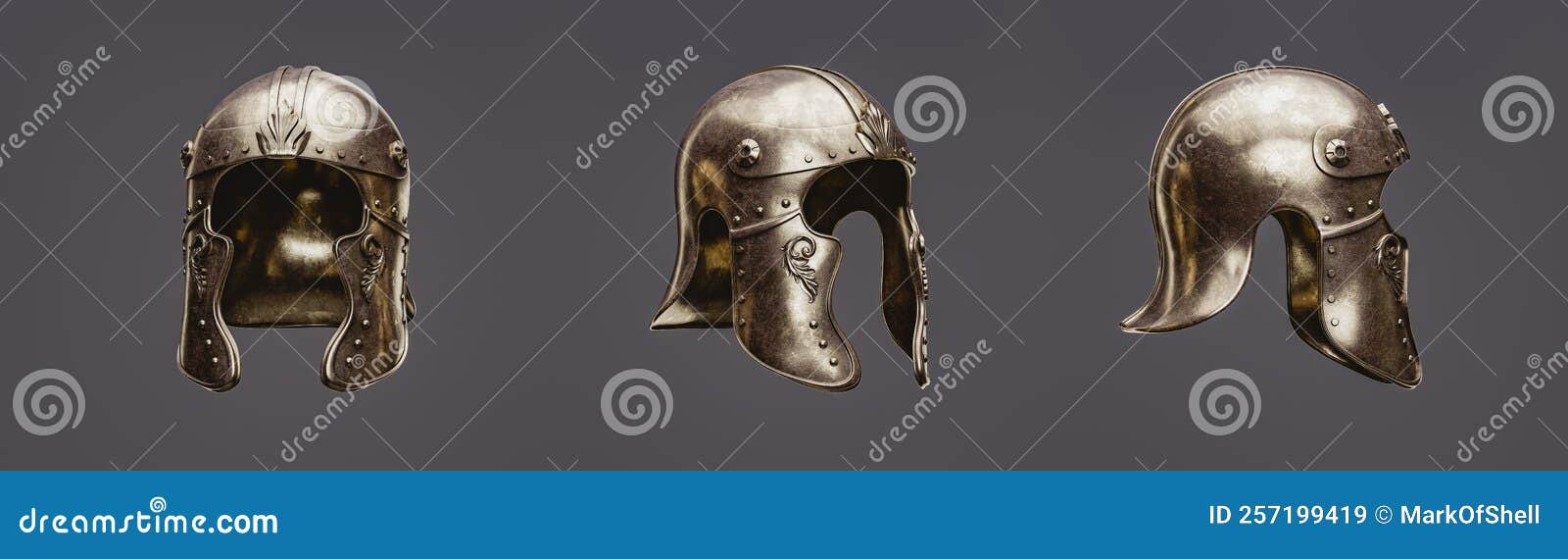Three Warrior Helmets from 3 View Angles, Old Brass Metal Helm, 3d ...
