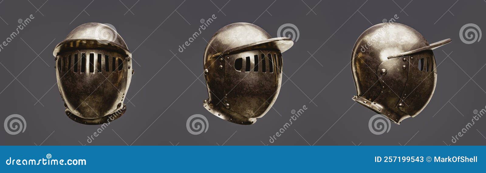 Three Warrior Helmets from 3 View Angles, Old Brass Metal Helm, 3d ...