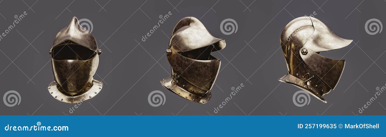 Three Warrior Helmets from 3 View Angles, Old Brass Metal Helm, 3d ...