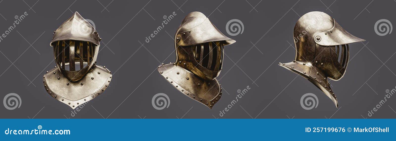 Three Warrior Helmets from 3 View Angles, Old Brass Metal Helm, 3d ...
