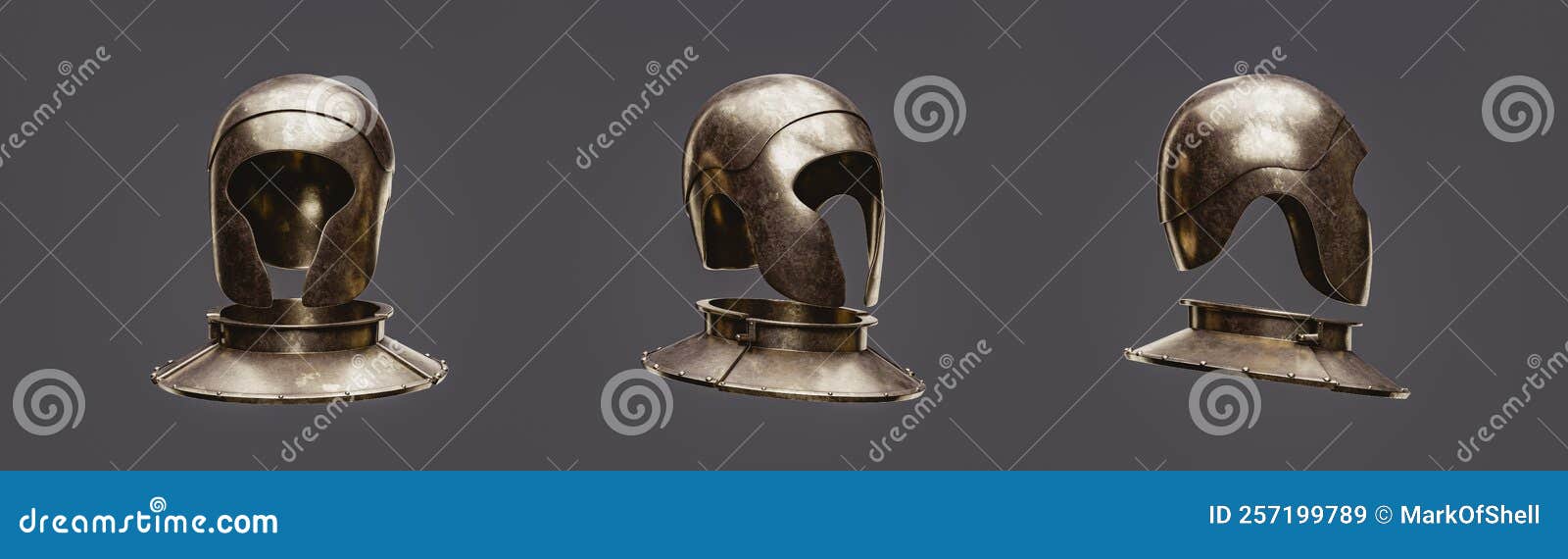 Three Warrior Helmets from 3 View Angles, Old Brass Metal Helm, 3d ...