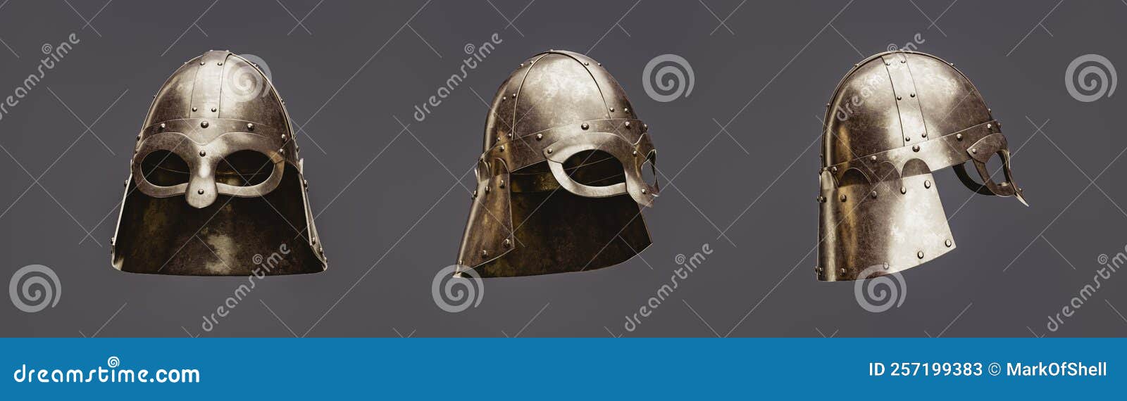 Three Warrior Helmets from 3 View Angles, Old Brass Metal Helm, 3d ...