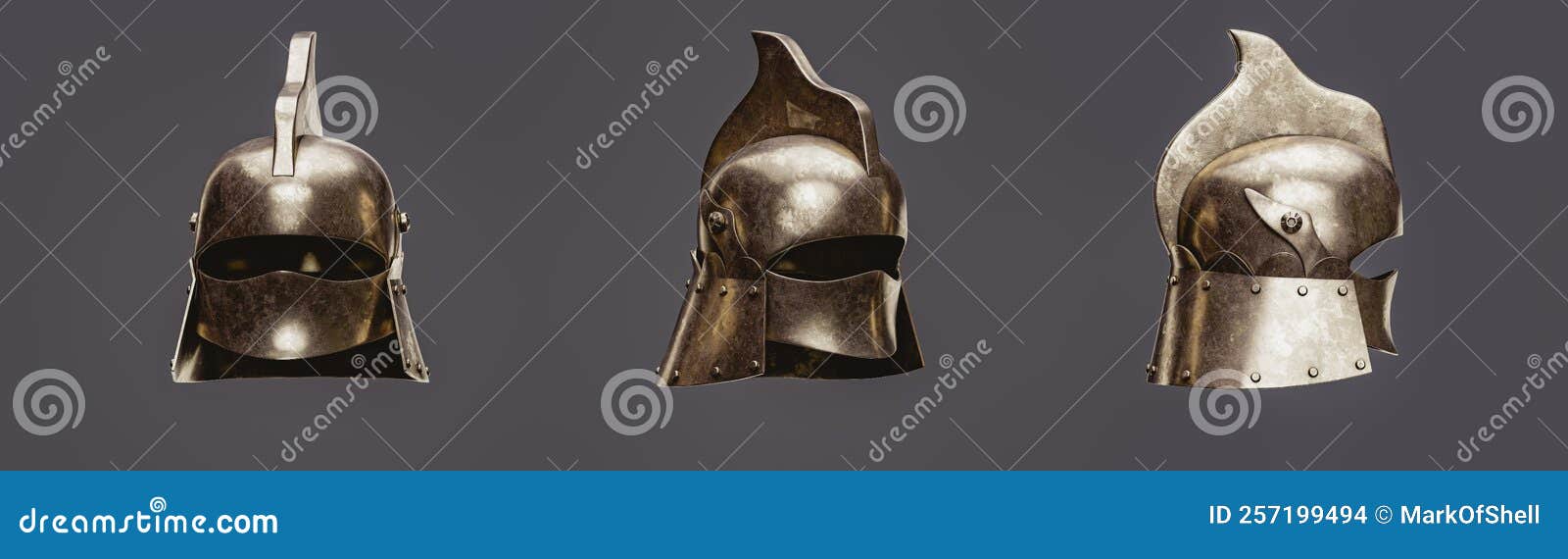 Three Warrior Helmets from 3 View Angles, Old Brass Metal Helm, 3d ...