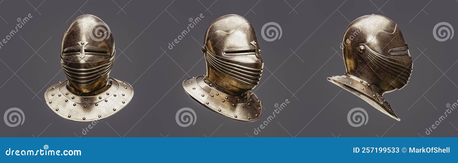 Three Warrior Helmets from 3 View Angles, Old Brass Metal Helm, 3d ...