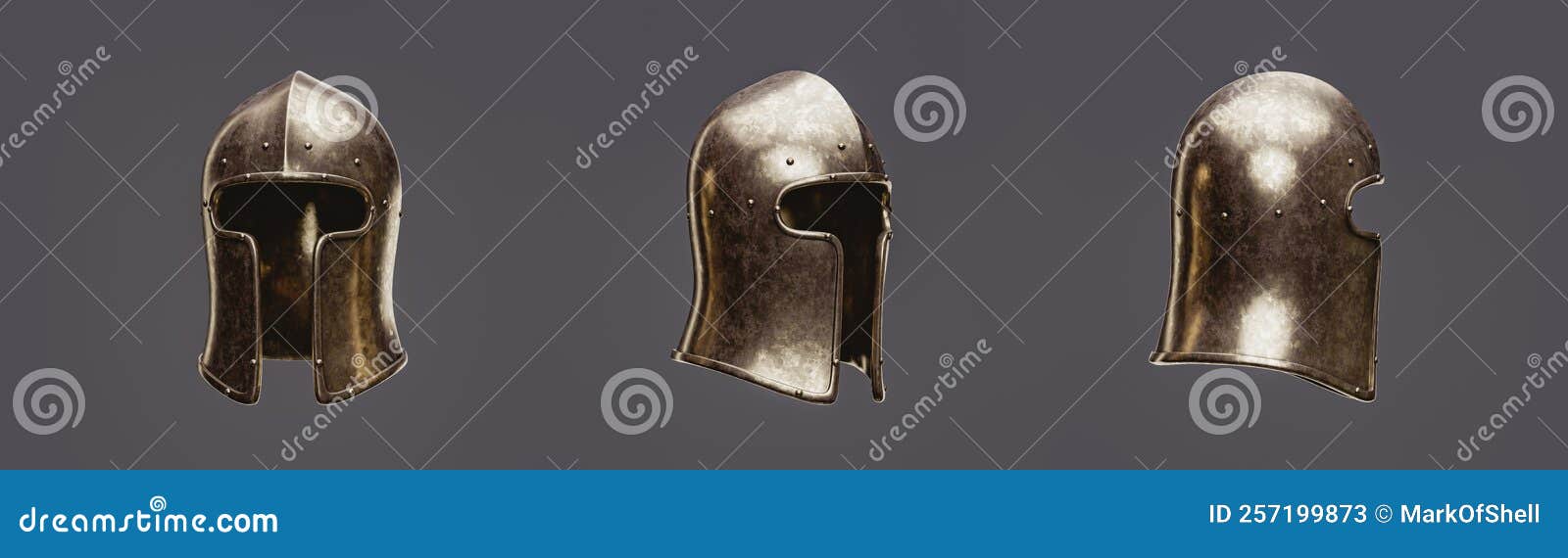Three Warrior Helmets from 3 View Angles, Old Brass Metal Helm, 3d ...
