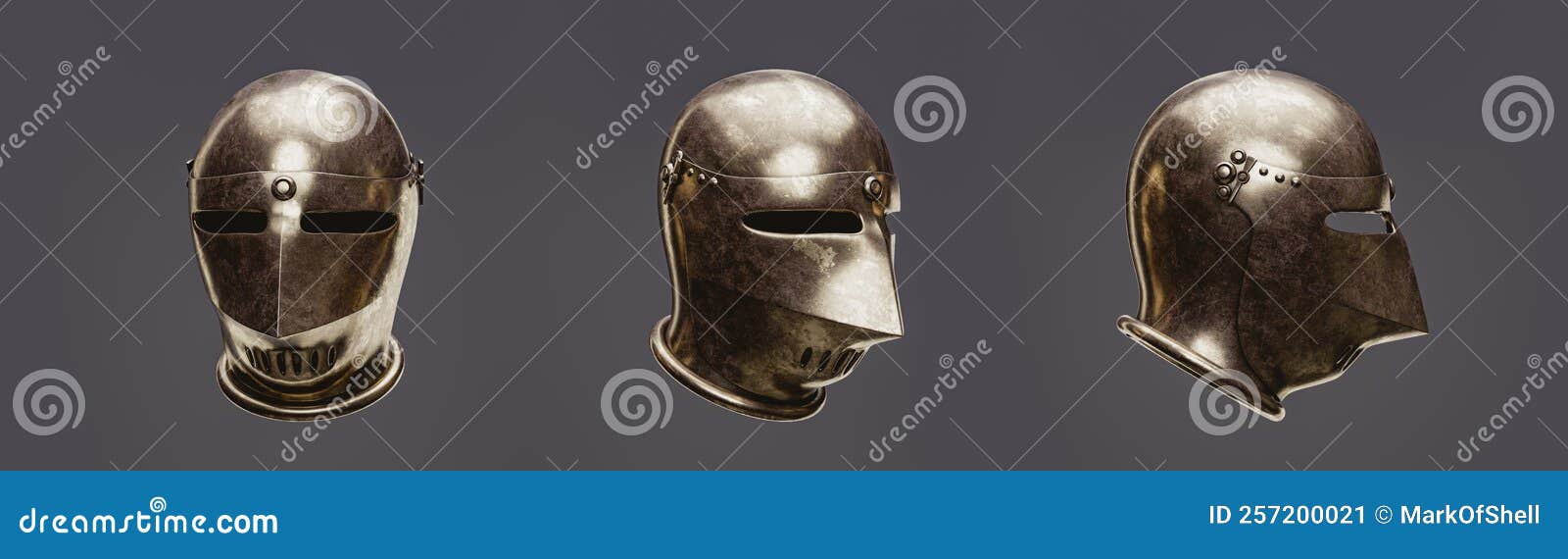 Three Warrior Helmets from 3 View Angles, Old Brass Metal Helm, 3d ...