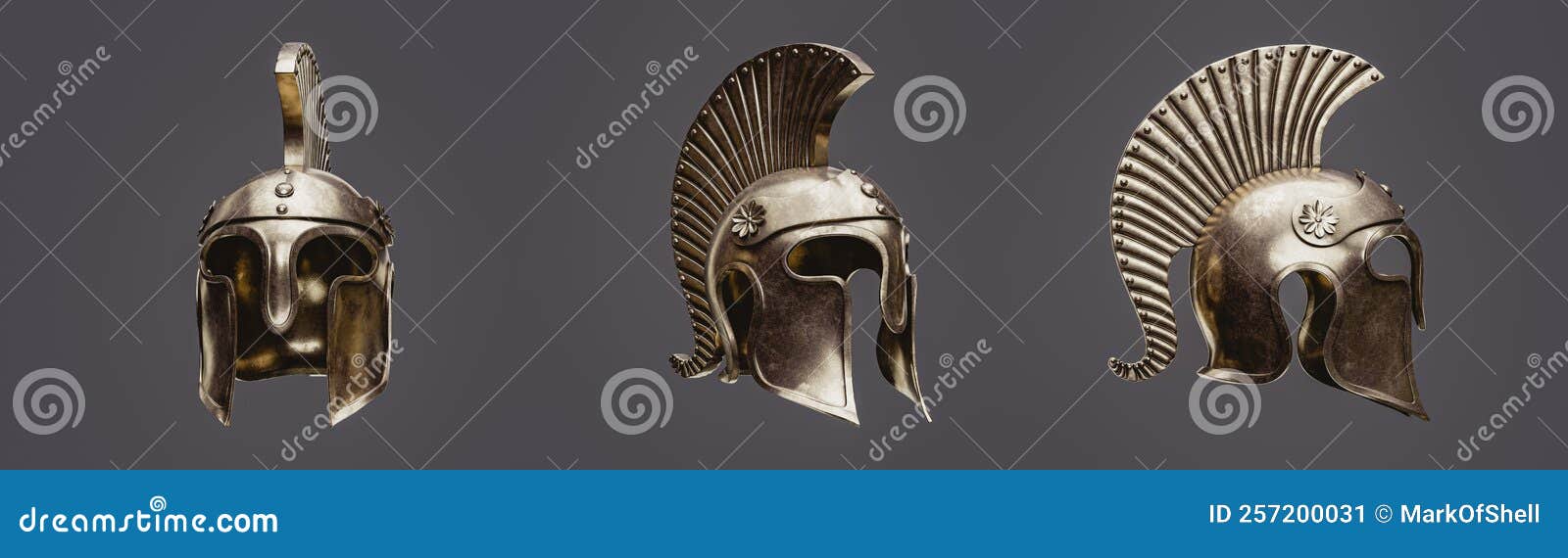 Three Warrior Helmets from 3 View Angles, Old Brass Metal Helm, 3d ...