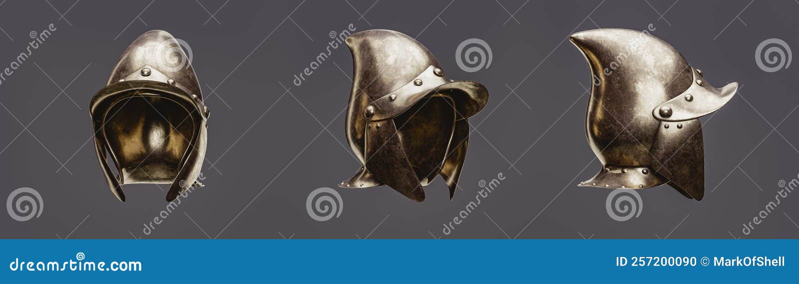 Three Warrior Helmets from 3 View Angles, Old Brass Metal Helm, 3d ...
