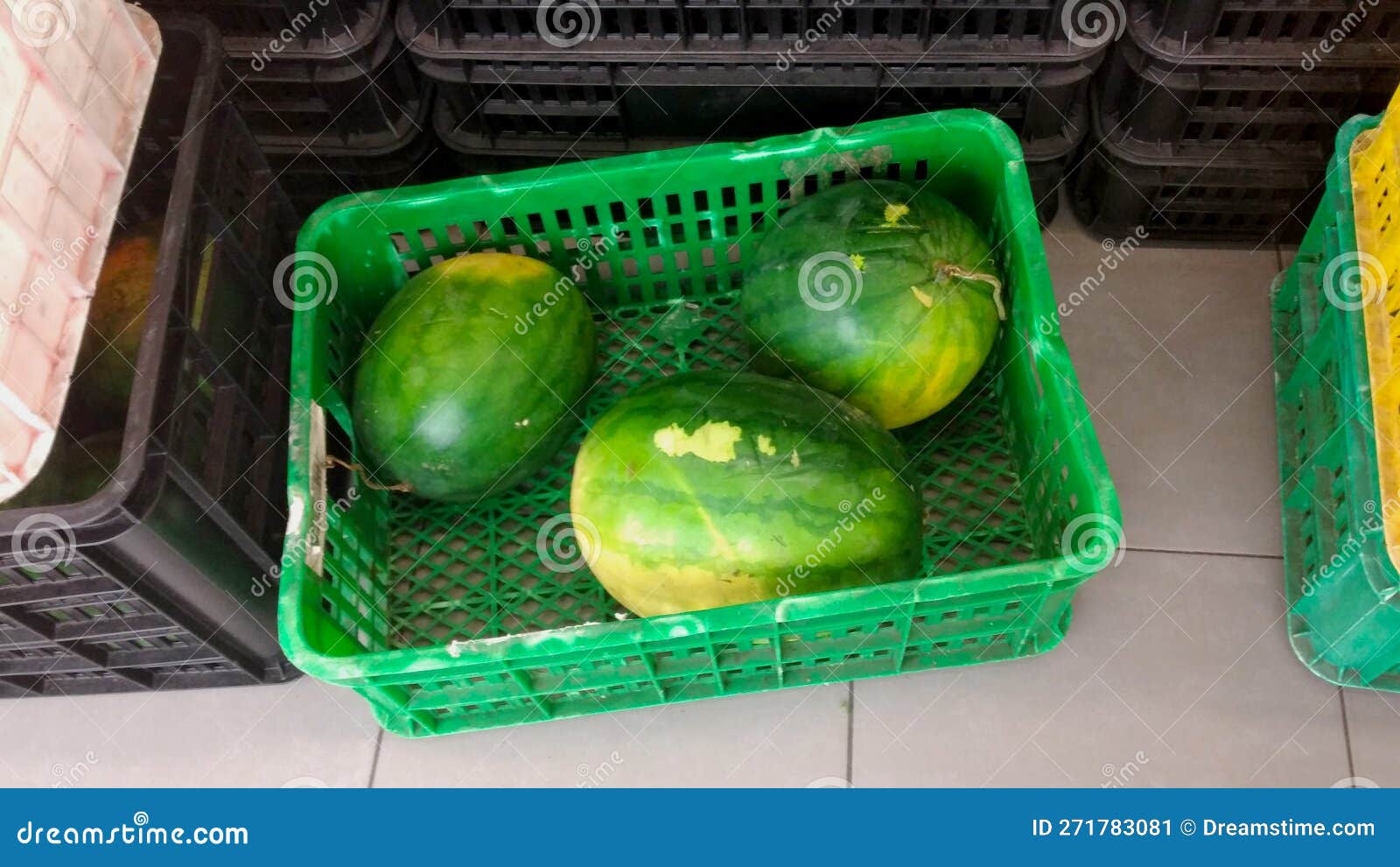 Three Watermelons in a Plastic Basket Stock Image - Image of condiment ...