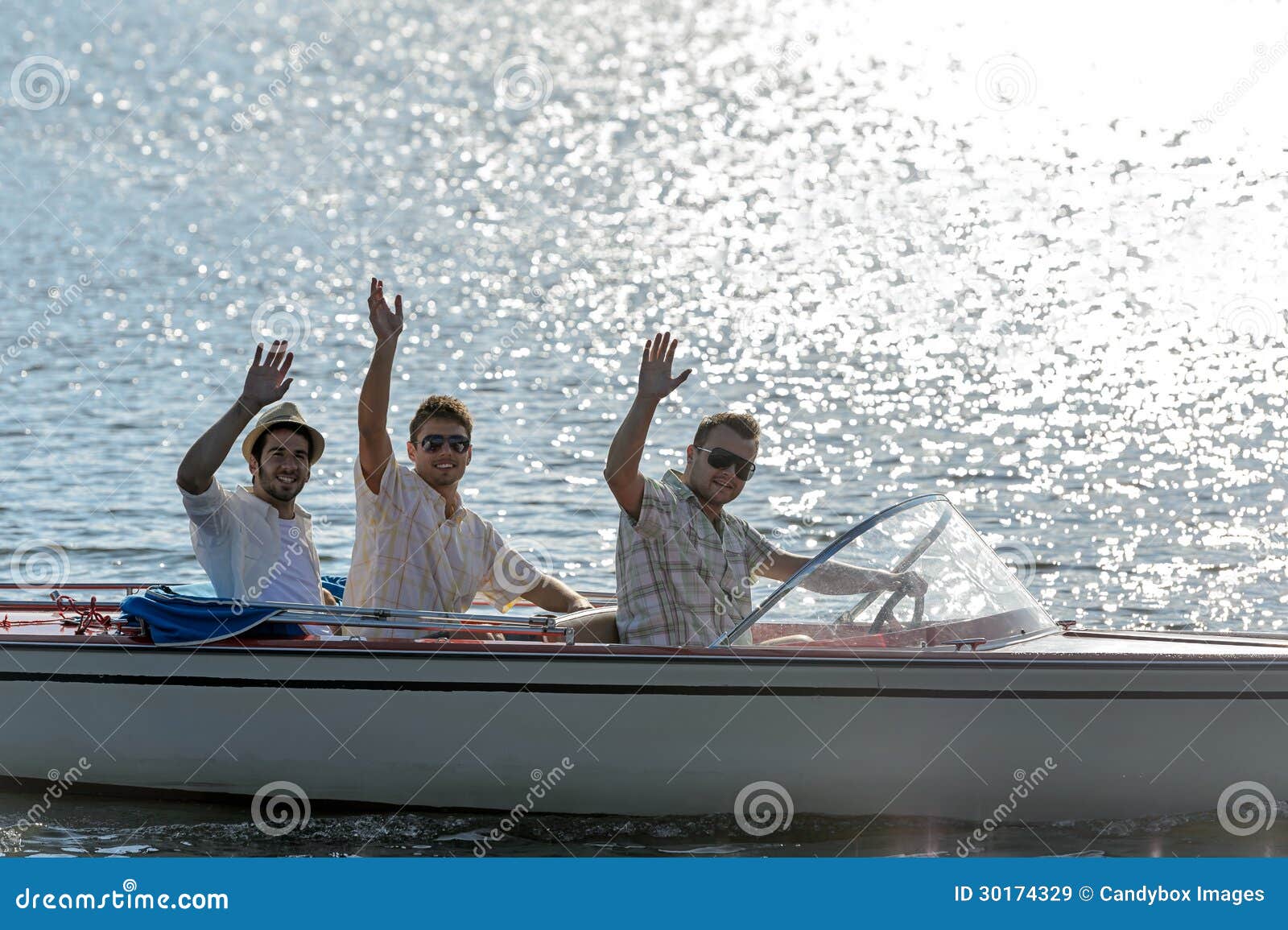 Waving Young Men Silhouette Driving Powerboat Stock Image - Image of ...