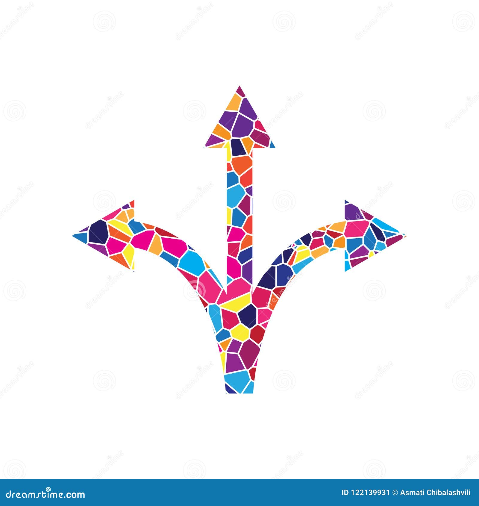 Three Way Direction Arrow Sign Vector Stained Glass Icon On White