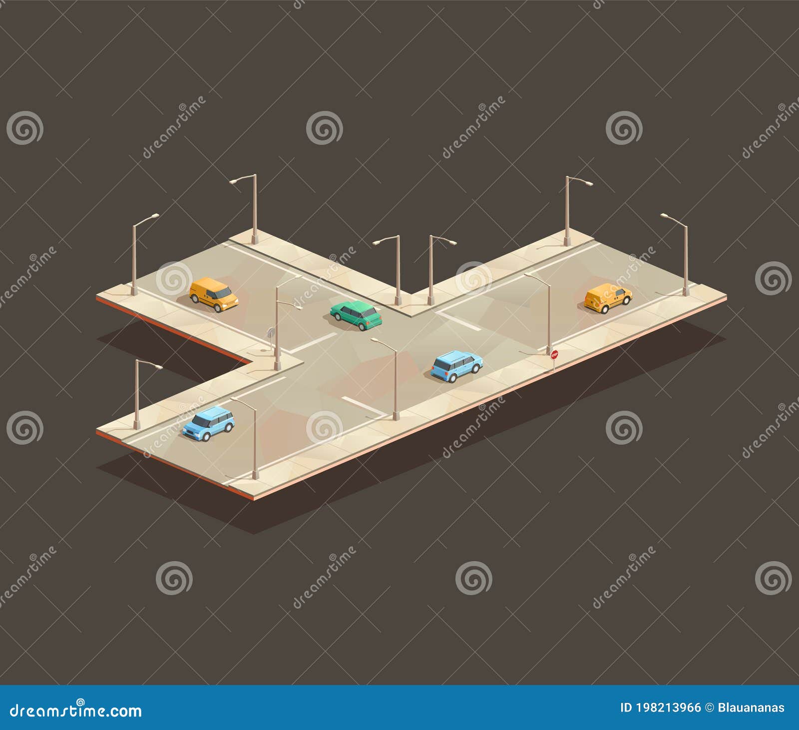 Three-way Intersection with Cars. Isometric Illustration Stock Vector ...