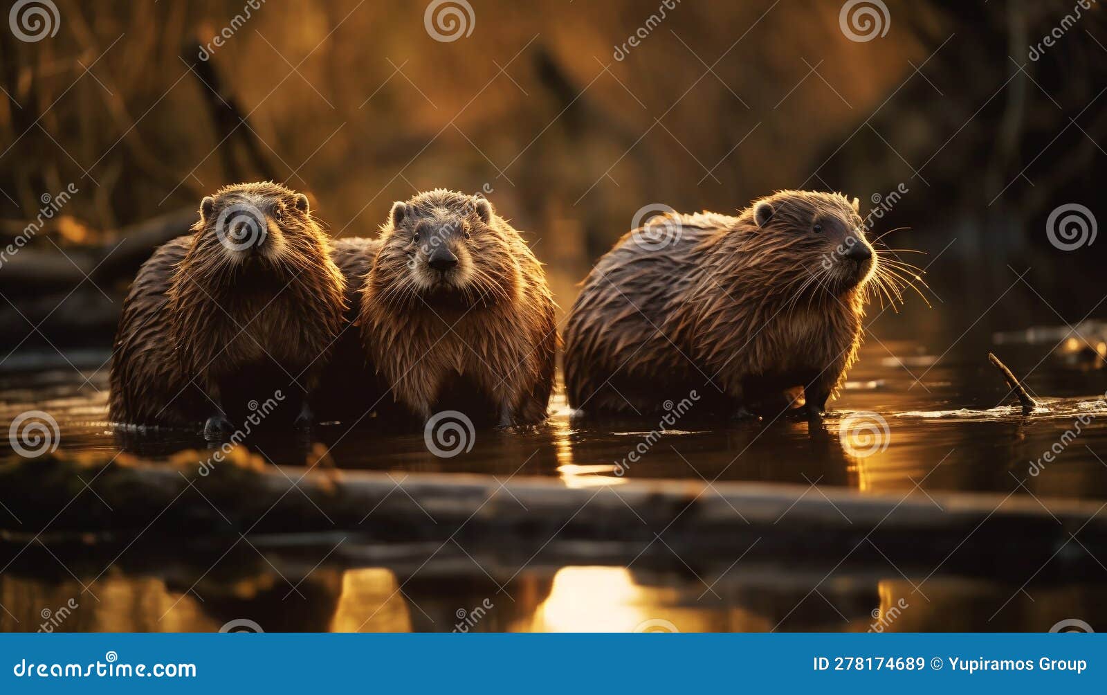 Three Wet Beavers Play in Tranquil Pond Generated by AI Stock ...
