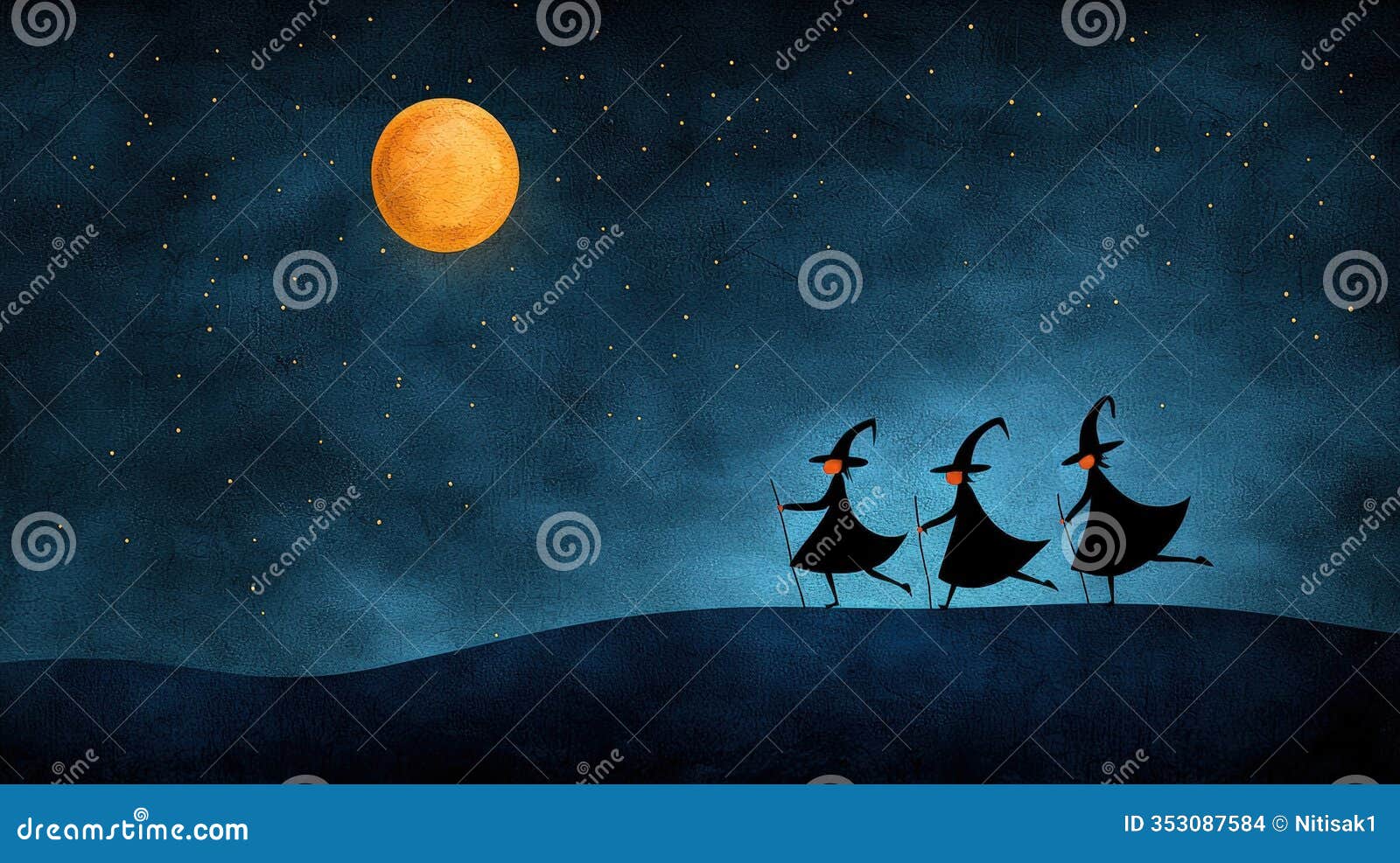 Three Whimsical Witches Dancing Under a Full Moon in a Starry Night Sky ...