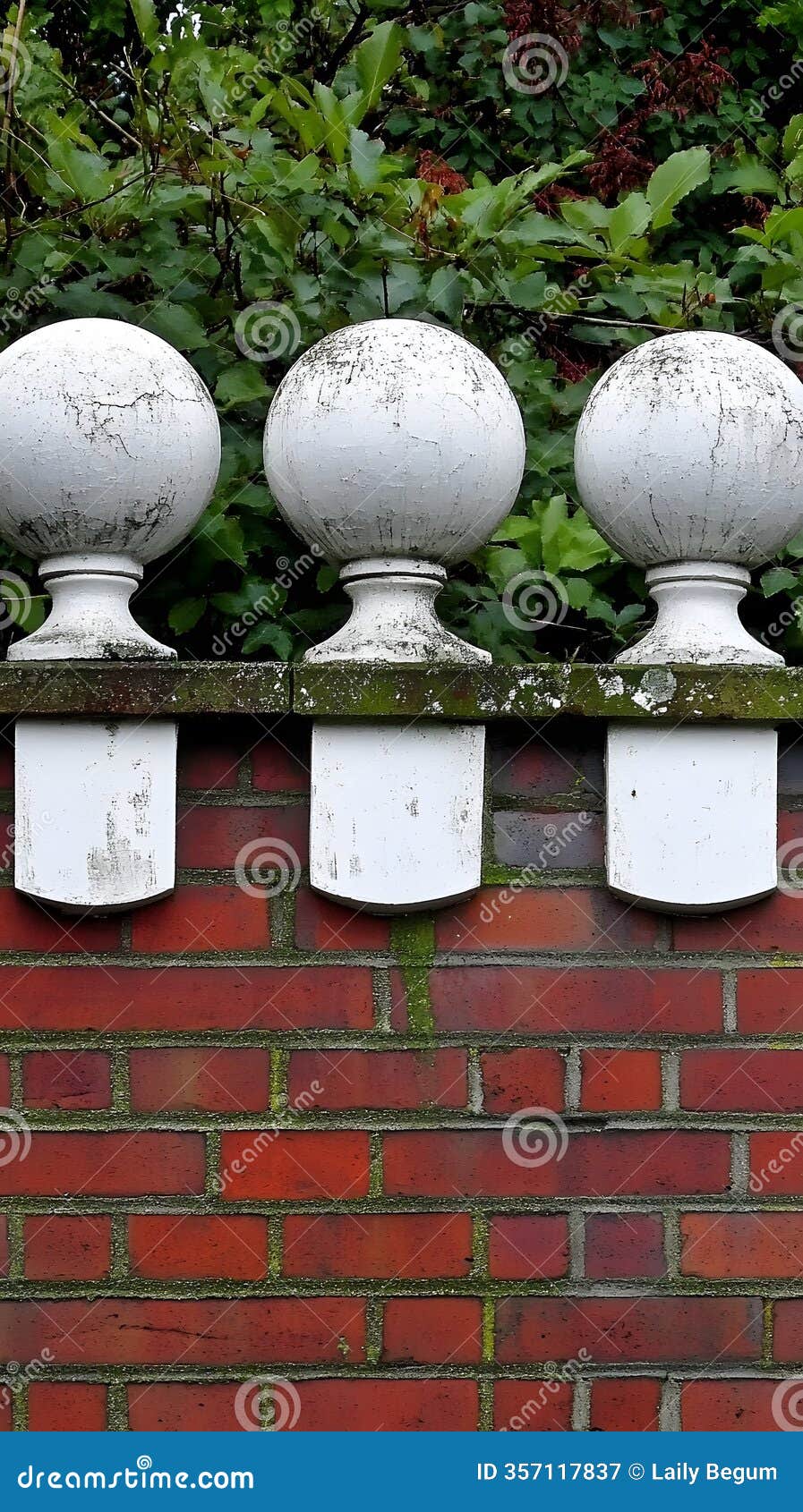 Three White Ball Finials on Red Brick Wall Royalty Free Image Stock ...