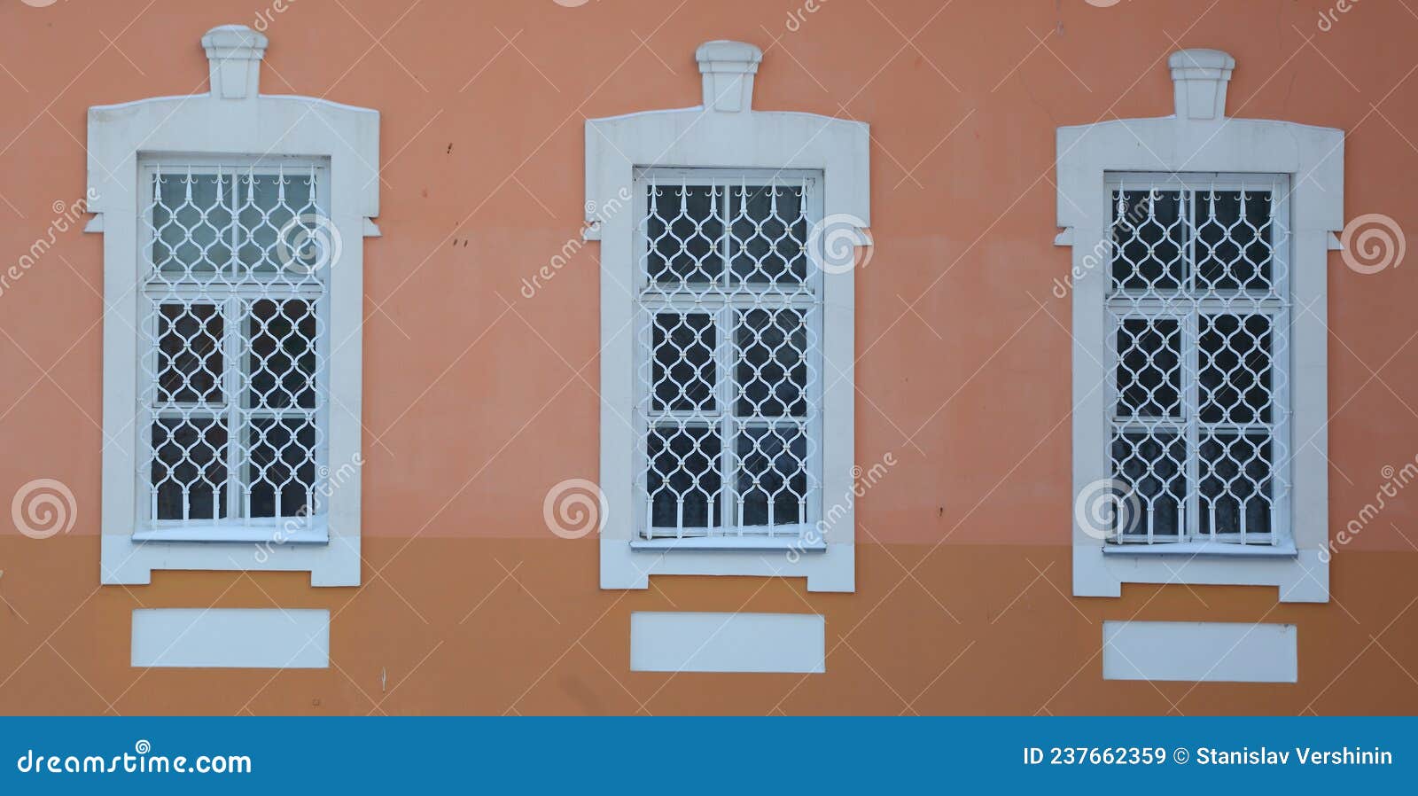 Three White Barred Windows in the Wall Stock Image - Image of city ...