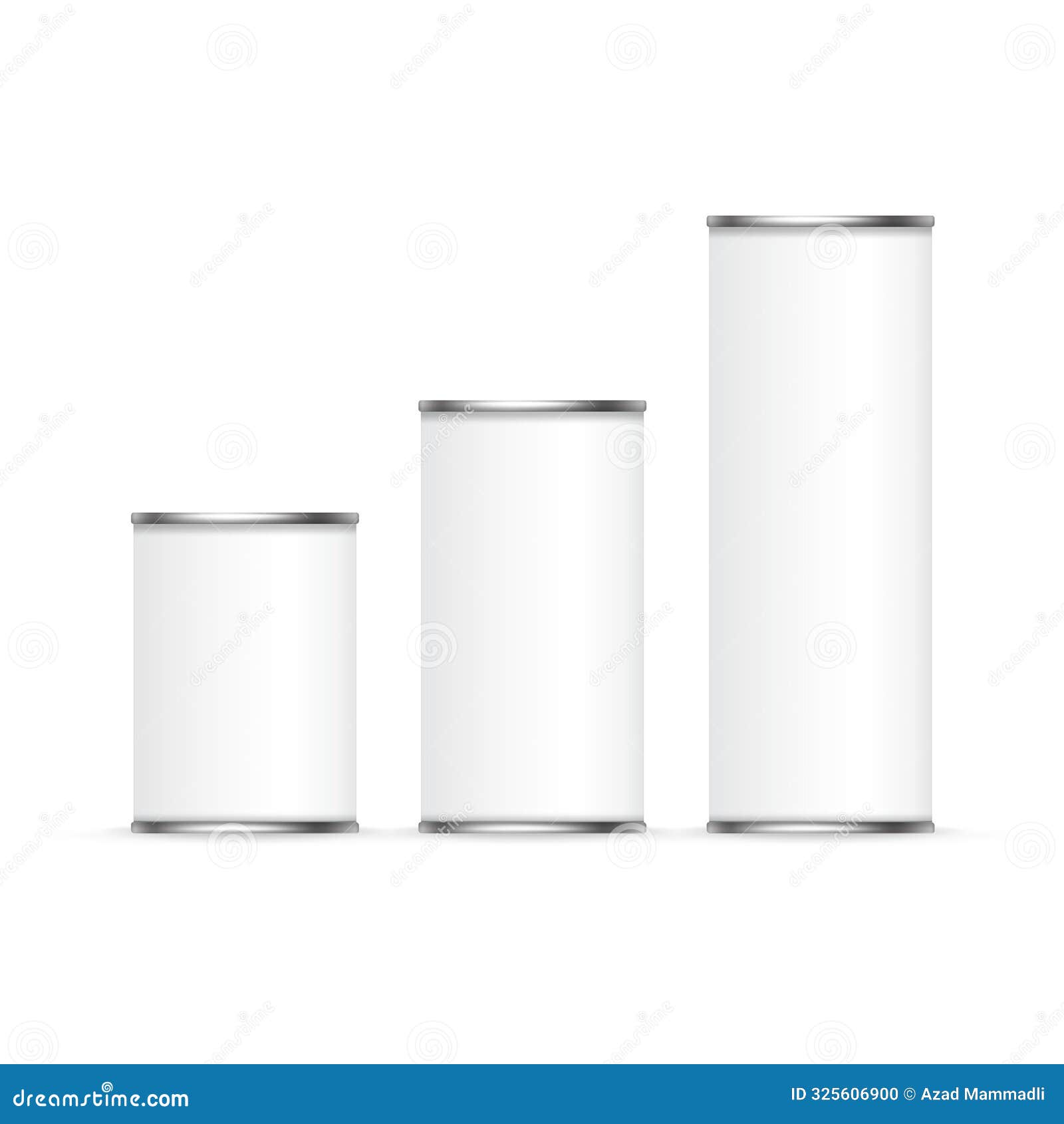 Three White, Blank Cylindrical Cans in Different Sizes, Standing ...