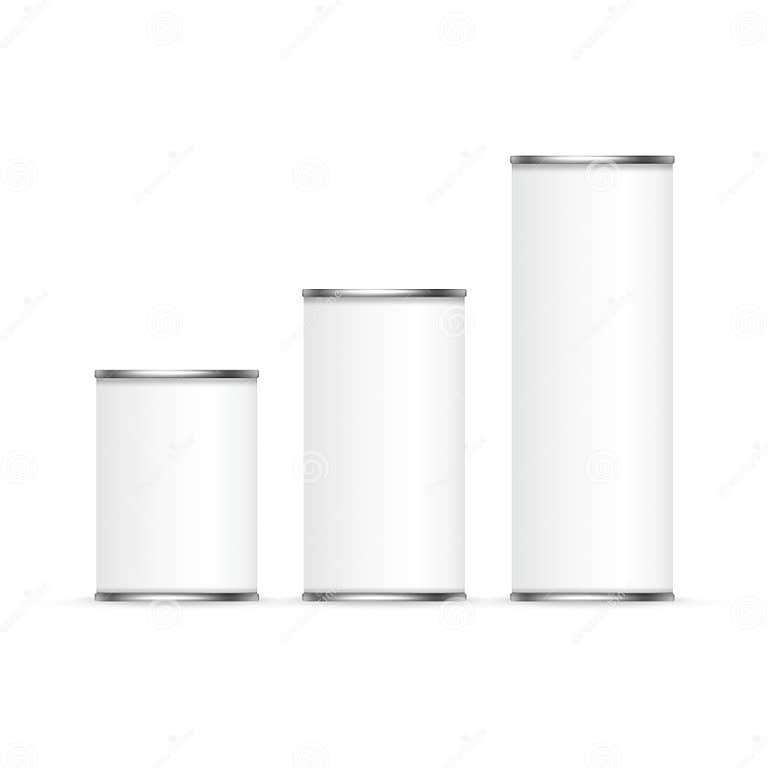 Three White, Blank Cylindrical Cans in Different Sizes, Standing ...