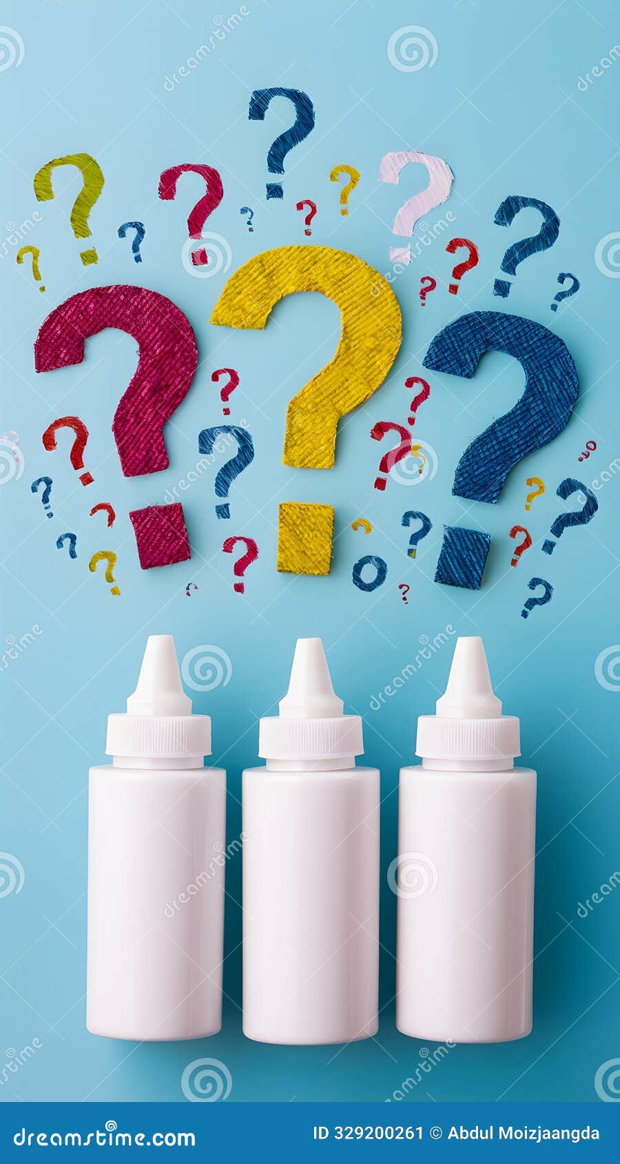 Three White Bottles, Colorful Question Marks Emerging, Light Blue ...