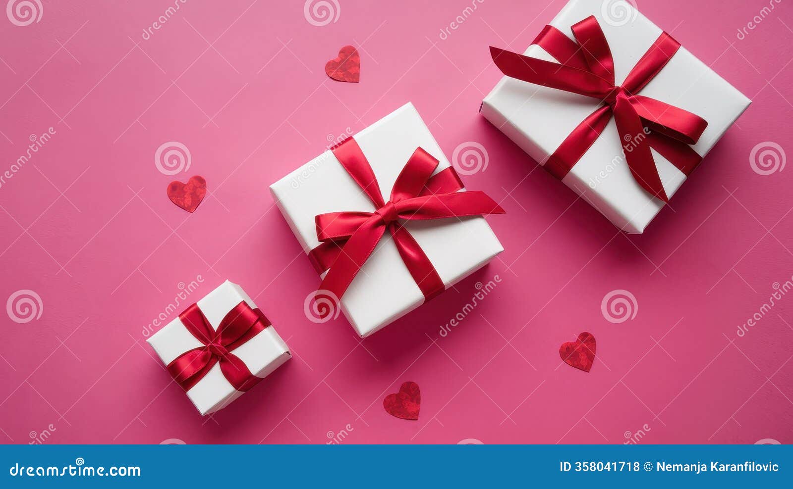 Three White Boxes with Red Ribbons and Hearts on the Bottom Stock ...