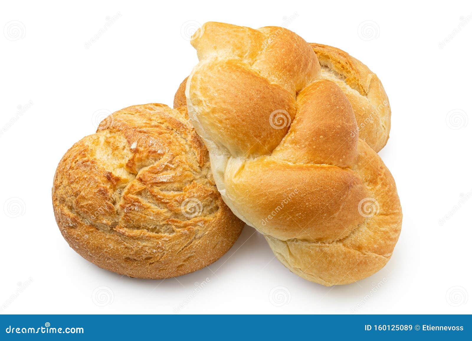 Three White Bread Rolls Isolated on White. Round Rustic, Plaited and ...