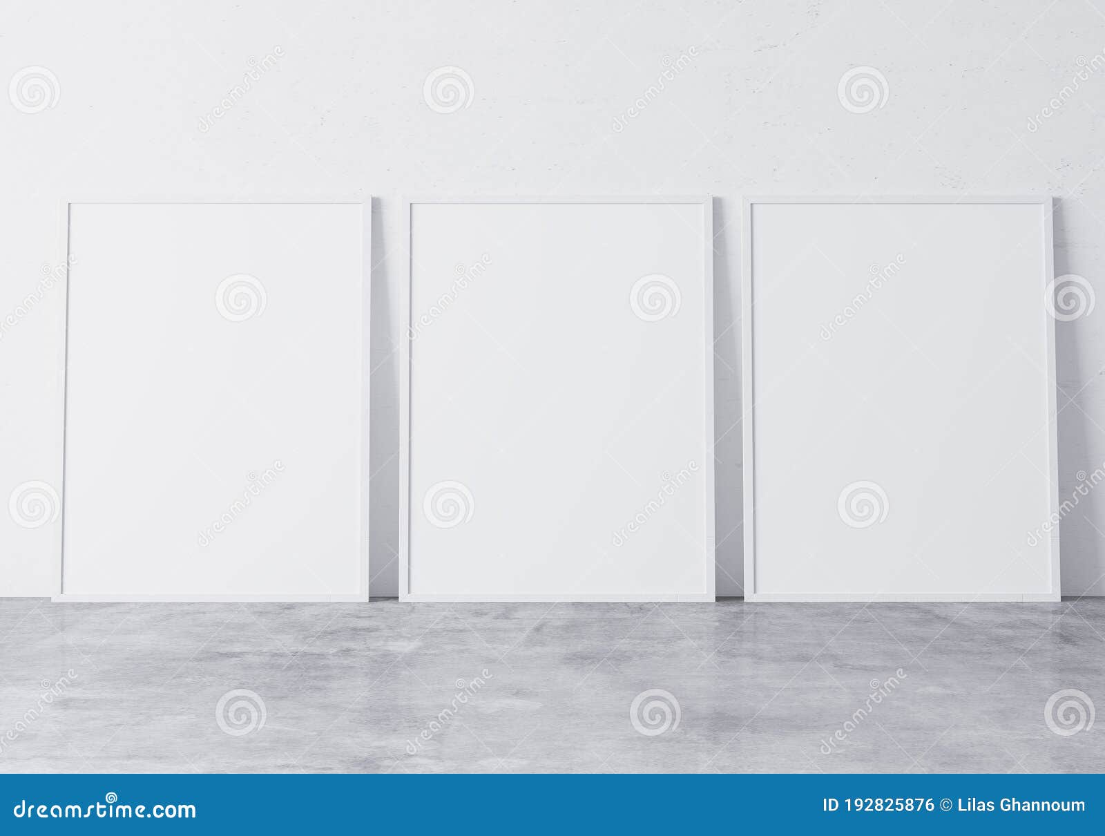 Three White Frames,size A3 A4 on White Wall Standing on Concrete Floor ...
