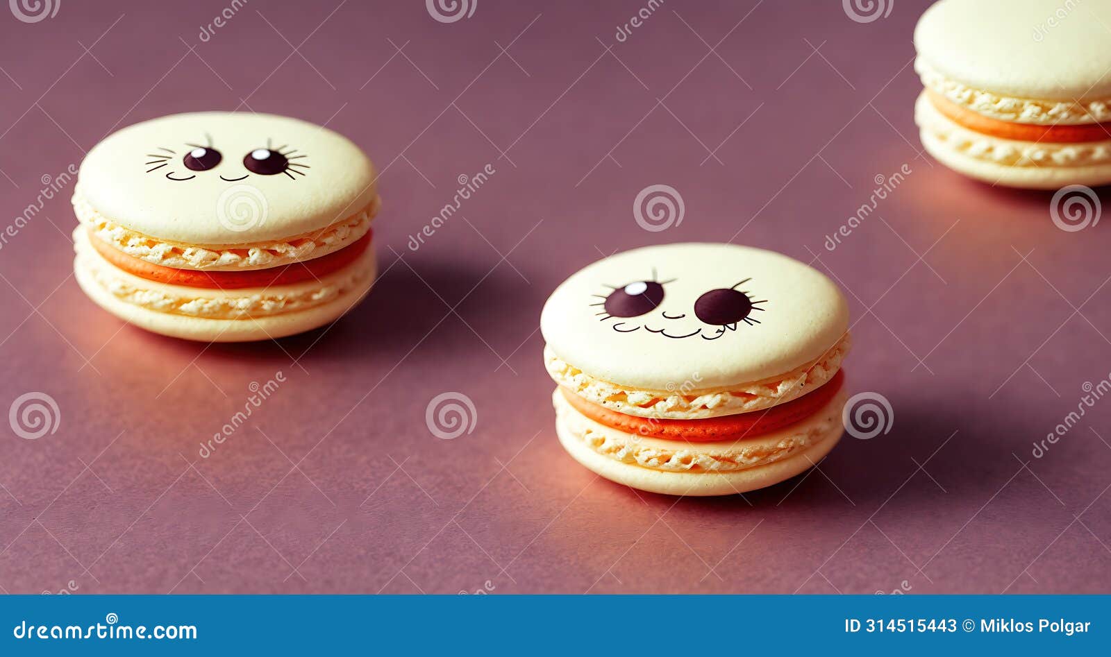 Three White Macarons with Smiley Faces on Them. Stock Image - Image of ...
