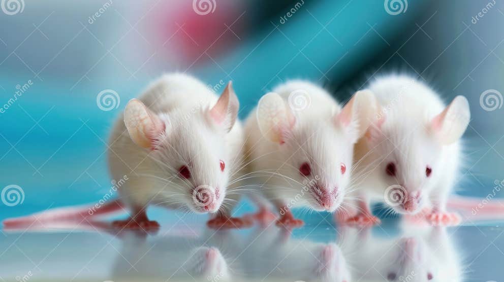 Three White Mice Sitting on Top of a Table Stock Image - Image of ...
