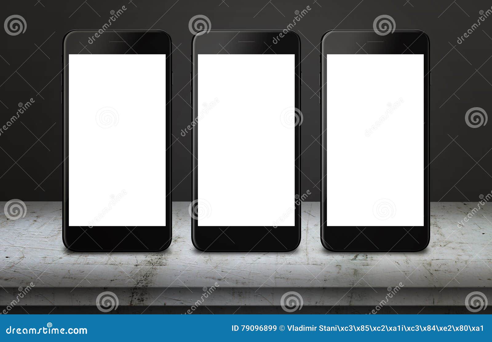 Three White Mobile Phones On Table With Blank, White, Isolated Display ...